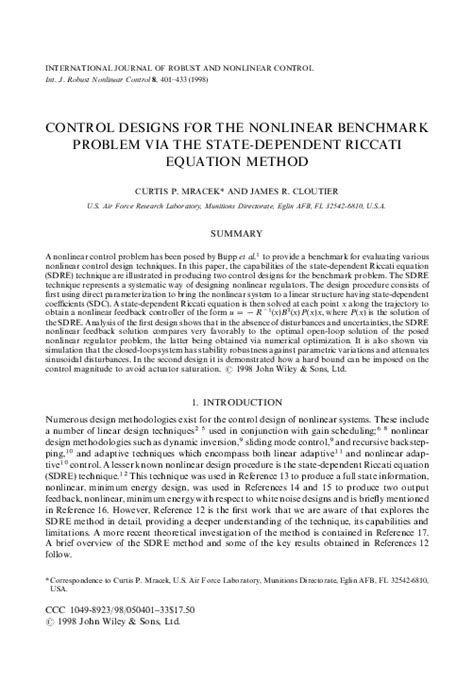 Pdf Control Designs For The Nonlinear Benchmark Problem Via The State Dependent Riccati