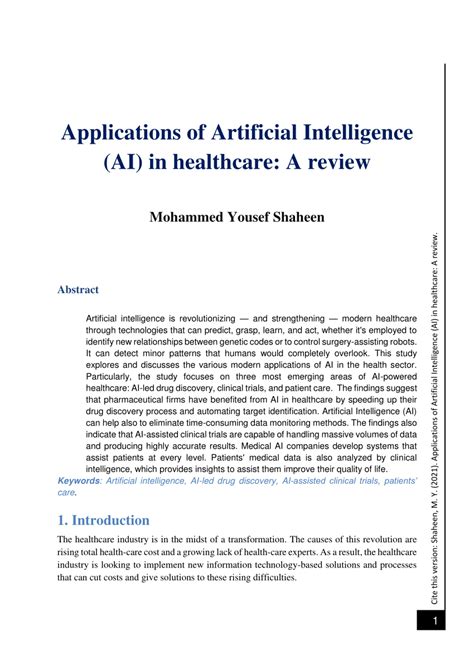 Pdf Applications Of Artificial Intelligence Ai In Healthcare A Review