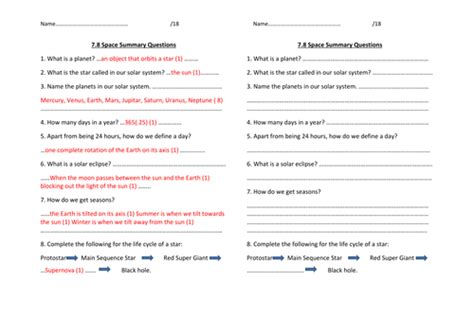 Y7 Space Summary Questions Teaching Resources