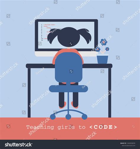 Girl Sitting Computer Learning Programming Girls Stock Vector Royalty