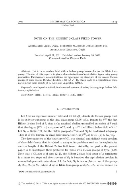 PDF Note On The Hilbert Class Field Tower