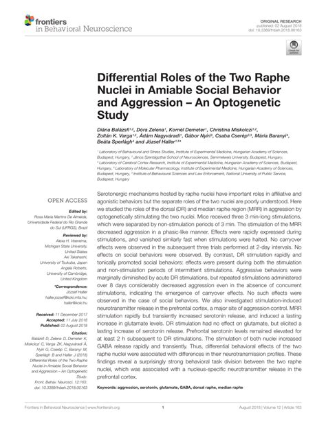 Pdf Differential Roles Of The Two Raphe Nuclei In Amiable Social Behavior And Aggression An