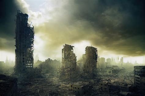 포스트아포칼립스 폐허가 된 도시 파괴된 건물 파괴된 도로 고층 빌딩 폭파 프리미엄 사진