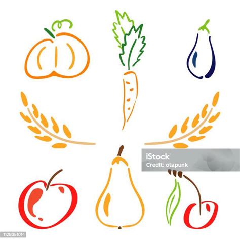 컬러 정원 아이콘 설정spikelet 호박 배 사과 체리 당근 호박 단순화 된 복고풍 그림입니다 유치 한 낙서 예술입니다 디자인 벽지 직물 인쇄 포장지에 대 한 요소입니다