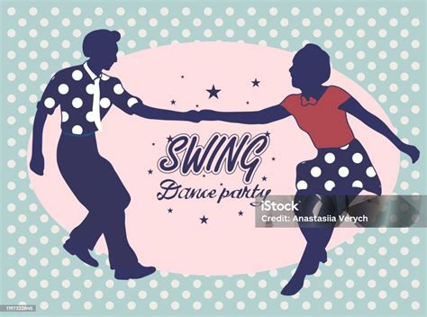젊은 부부 춤 재즈 스윙 텍스트 댄스 파티와 수평 템플릿입니다 빈티지 벡터 스타일 1930 년대 1940 년대 1950 년대 현실적인 문체 문자 로커빌리 찰스턴 린디 홉