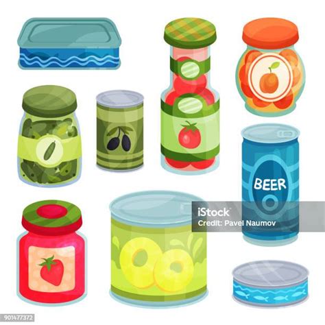 통조림 캔 주석으로 입힌된 음식 항아리 유리 및 금속 컨테이너 만화 벡터 일러스트 0명에 대한 스톡 벡터 아트 및 기타 이미지
