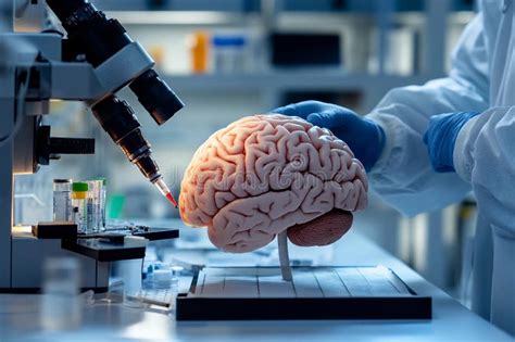 Study Of Brain Anatomy Using A Microscope In A Laboratory Setting Stock