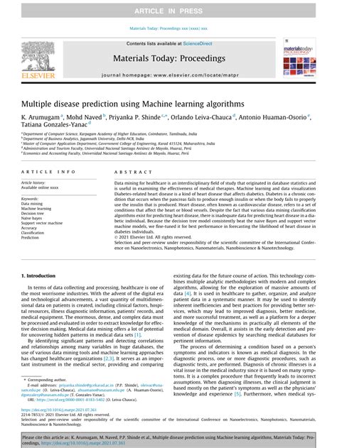 Pdf Multiple Disease Prediction Using Machine Learning Algorithms
