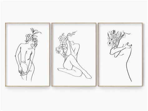 Flower Naked Woman Line Art Set Abstract Woman Body Line Etsy