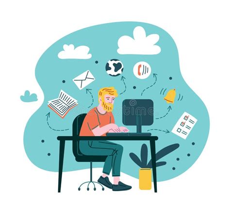Man Working At Computer And Doing Many Different Tasks Stock Vector