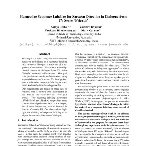 Harnessing Sequence Labeling For Sarcasm Detection In Dialogue From Tv Series ‘friends Acl