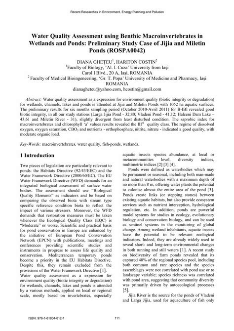 Pdf Water Quality Assessment Using Benthic Quality Assessment Using