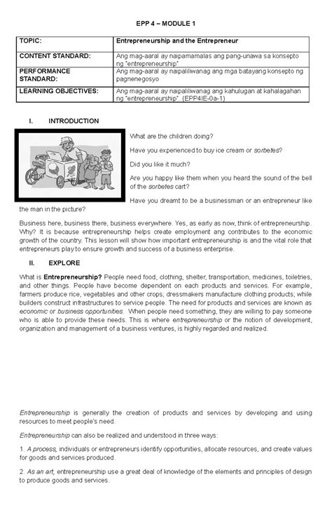 Epp4 Module Epp 4 Module 1 Topic Entrepreneurship And The Entrepreneur Content Standard