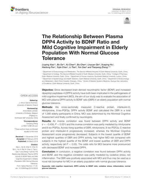 pdf the relationship between plasma dpp4 activity to bdnf ratio and