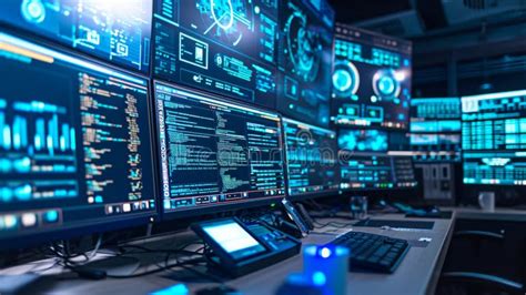 High Tech Workstation With Multiple Computer Monitors Displaying Graphs And Analytical Data Ai