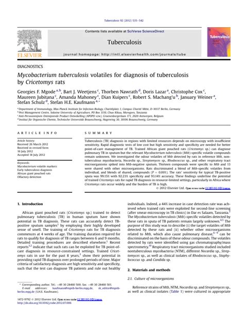 Mycobacterium Tuberculosis Volatiles For Diagnosis Of Tubercul 2012 Tubercul Pdf