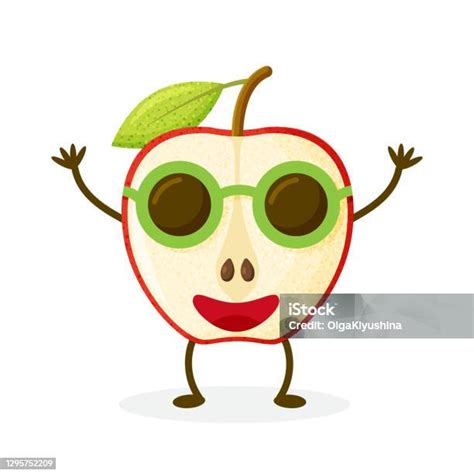 흰색 배경에 고립 된 재미있는 빨간 사과 캐릭터 마스코트 장식 요소 만화 벡터 일러스트레이션 빨간 사과 재미있는 캐릭터 아이들을위한 건강 관리의 개념 벡터 일러스트레이션