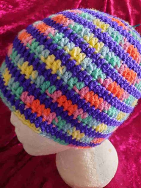 Crocheted Beanie Style Hat Bright Rainbow Striped Multi Coloured Numonday
