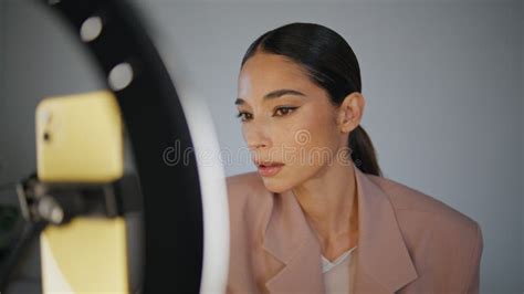 Blogger Woman Setting Smartphone At Home Close Up Influencer Girl Greeting Blog Stock Image