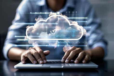 Businessman Using Laptop Uploading Data To Cloud Computing System Cloud Technology Concept