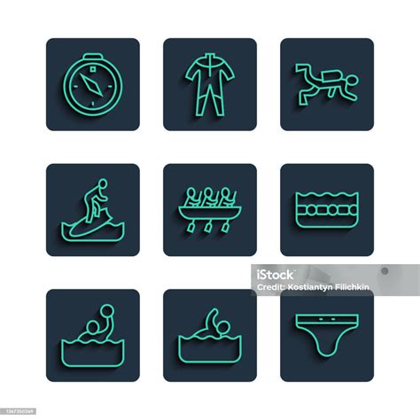 세트 라인 워터 폴로 수영 수영 트렁크 스쿠버 다이버 카누 조정 팀 스포츠 서핑 보드 나침반 및 수영장 아이콘 벡터 0명에 대한 스톡 벡터 아트 및 기타 이미지 Istock