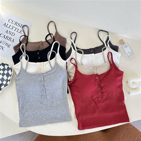 【1026】womens Thread Fixed Cup Camisole Button Style Tank Top Beautiful