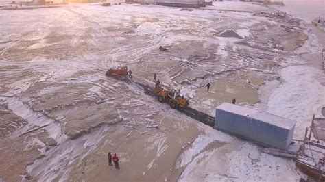 Aerial View Of The Unloading Barge Process Clip Transporting Large Container From The Cargo