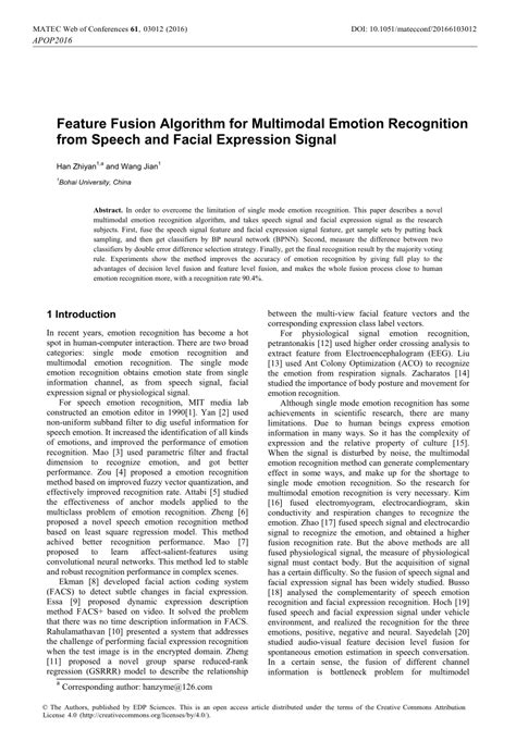 Pdf Feature Fusion Algorithm For Multimodal Emotion Recognition From Speech And Facial