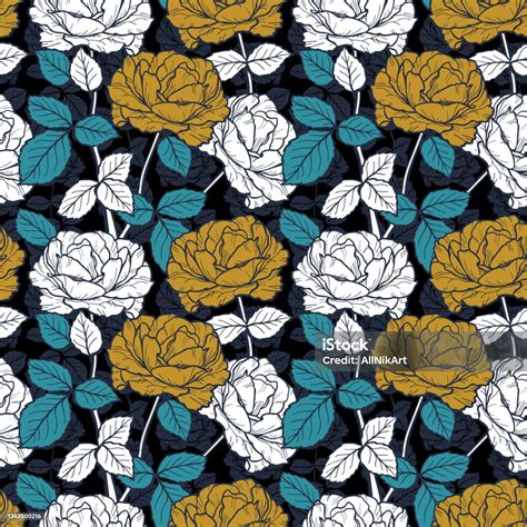 벡터 꽃과 매끄러운 패턴을 남깁니다 장미 꽃의 손으로 그린 가지 여름 장미의 아름다운 꽃다발 빈티지 꽃 배경 식물 벽지 검은색에 대한 스톡 벡터 아트 및 기타 이미지