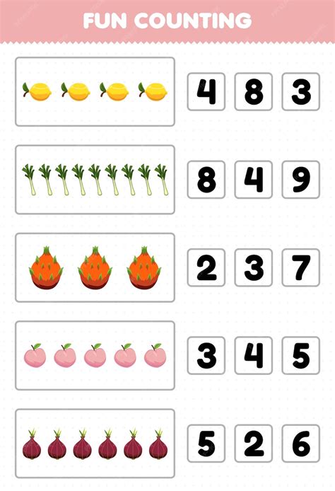 어린이를 위한 교육 게임 재미있는 만화 과일 및 야채 레몬 리크 드래곤 과일 복숭아 샬롯 인쇄용 워크시트의 정확한 수를 세고 선택 프리미엄 벡터