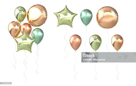 흰색 배경에 고립 된 호일 풍선 세트 파티 디자인을위한 3d 렌더링 요소 구체와 별 모양 풍선의 무리 풍선에 대한 스톡 사진 및 기타 이미지 Istock