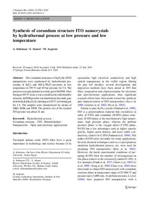 Pdf Synthesis Of Corundum Structure Ito Nanocrystals By Hydrothermal