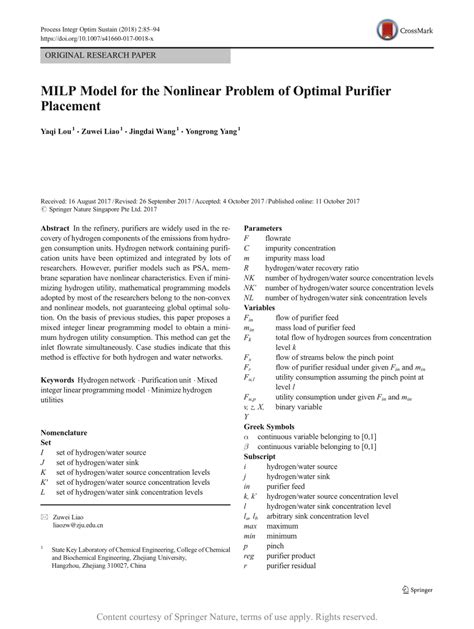 Milp Model For The Nonlinear Problem Of Optimal Purifier Placement