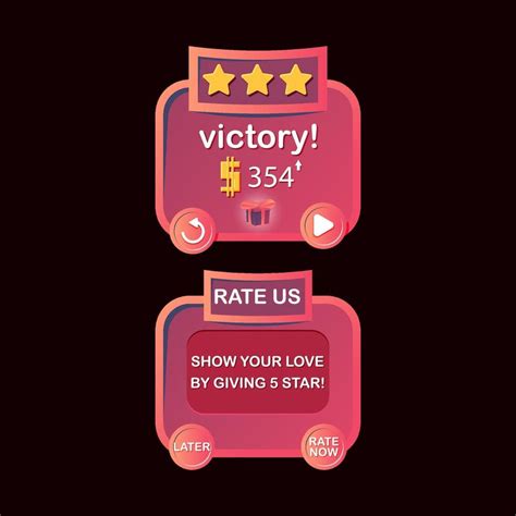Set Of Game Ui Victory And Rate Us Pop Up Menu For 2d Games Vector