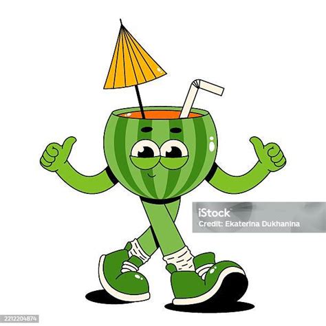 복고풍 그루비 캐릭터 수박 칵테일 귀여운 얼굴로 펑키한 산책 음료 빈티지 여름 벡터 일러스트 70 년대 흰색 배경에 80 년대 스타일 수박에 대한 스톡 벡터 아트 및 기타