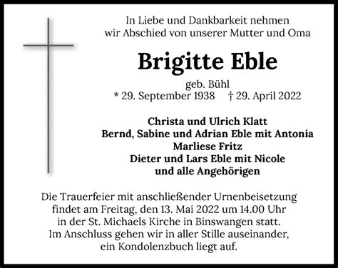 Traueranzeigen Von Brigitte Eble Trauerundgedenken De