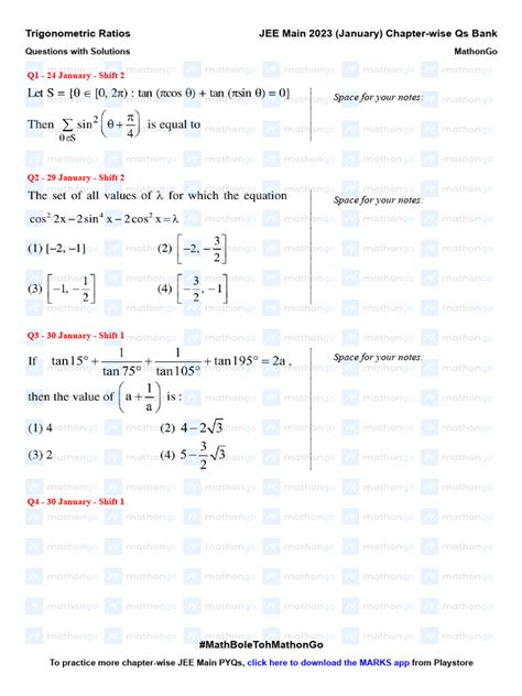 Trigonometric Ratios Jee Main 2023 January Chapter Wise Questions By Mathongo Pdf