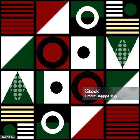 기하학적 원활한 패턴 배경 원 삼각형 및 사각형입니다 크리스마스 색상 테마 포장지 직물 인쇄 벽지 직물에 대한 크리스마스 패턴 개념 벡터 그림입니다 단순함에 대한 스톡 벡터