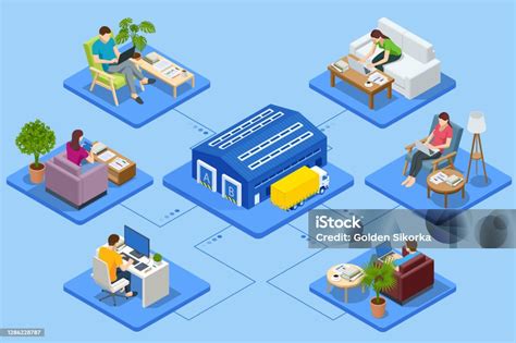 집에서 일하는 등도계 사업가 인 Amd 여자 물류 및 배달 인포그래픽 택배 및 사무실 도시 물류 등측투영법에 대한 스톡 벡터