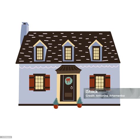 문 창문이있는 귀여운 손으로 그린 작은 시골집 굴뚝이있는 집의 외관 낙서 마을 별장 흰색 배경에 고립 된 컬러 플랫 벡터 일러스트 레이 션 0명에 대한 스톡 벡터 아트 및