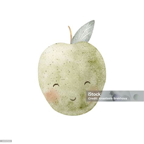 수채화 과일 사과 녹색 큰 육즙 귀여운 눈동자 고립 된 손으로 그린 일러스트 캐릭터 카드 포스터 식기 옷 초대장의 디자인에 대 한 흰색 배경에 만화 스타일 0명에 대한 스톡