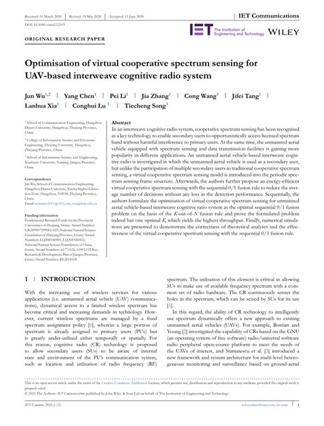 Pdf Optimisation Of Virtual Cooperative Spectrum Sensing For Uav‐based Interweave Cognitive