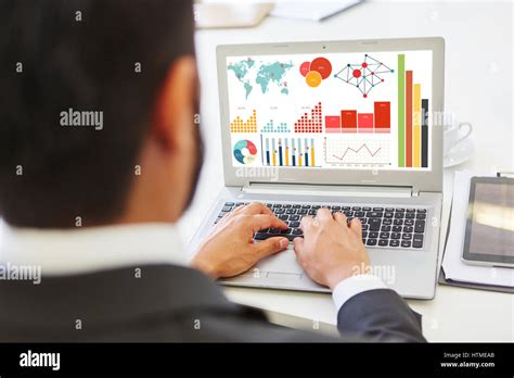 Infographic With Many Statistic Graphcs On Laptop Computer Screen Stock