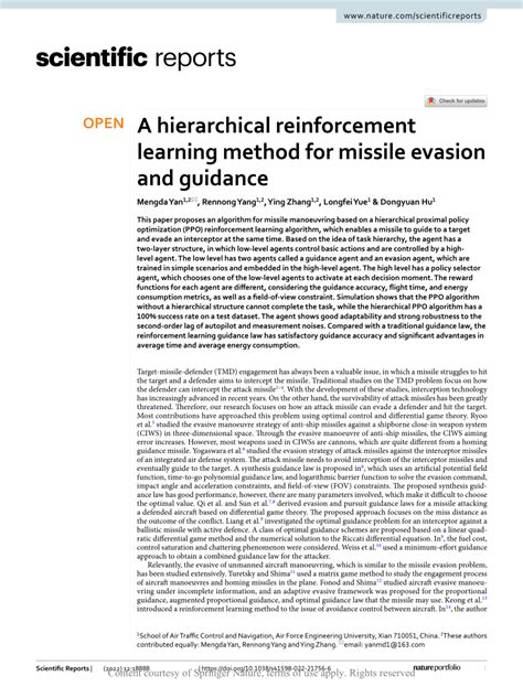 Pdf A Hierarchical Reinforcement Learning Method For Missile Evasion And Guidance