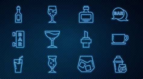 세트 라인 칵테일 셰이커 커피 컵 위스키 병 와인 잔 바 샴페인 와인 나무 코르크 및 유리 샴페인 아이콘이있는 거리 간판 벡터 0명에 대한 스톡 벡터 아트 및 기타 이미지