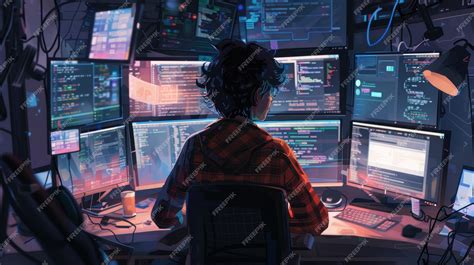 Young Prodigy Programmer Immersed In Coding On Multiple Screens In A Hightech Workspace
