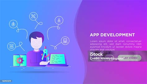 앱 개발 웹 페이지 템플릿 랩톱에서 코딩하는 개발자입니다 플랫 그라데이션 아이콘입니다 현대 벡터 그림입니다 0명에 대한 스톡