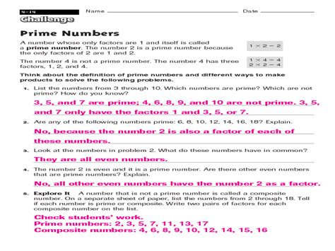 Challenge Prime Numbers Worksheet For 4th 5th Grade Lesson Planet