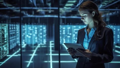 Premium AI Image Successful Female Data Center IT Specialist Using Tablet To Manage The Data