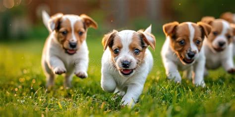 Four Adorable Puppies Run In A Grassy Field On A Sunny Day Stock Image